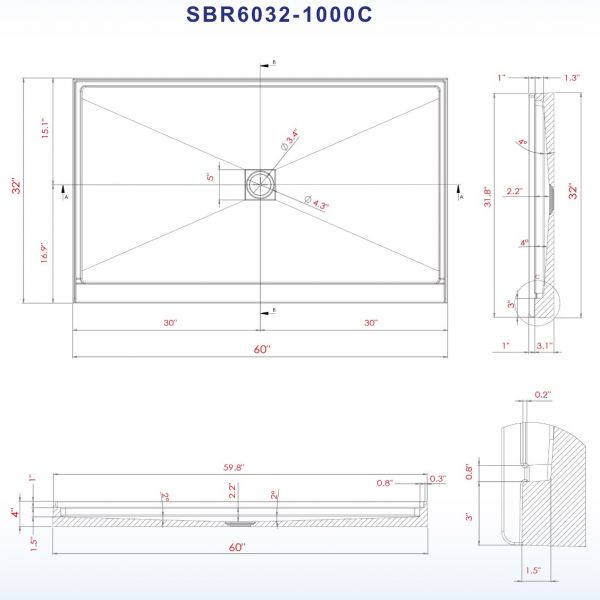 ᐅ【WOODBRIDGE SBR6032-1000C-CH SolidSurface Shower Base with Recessed ...