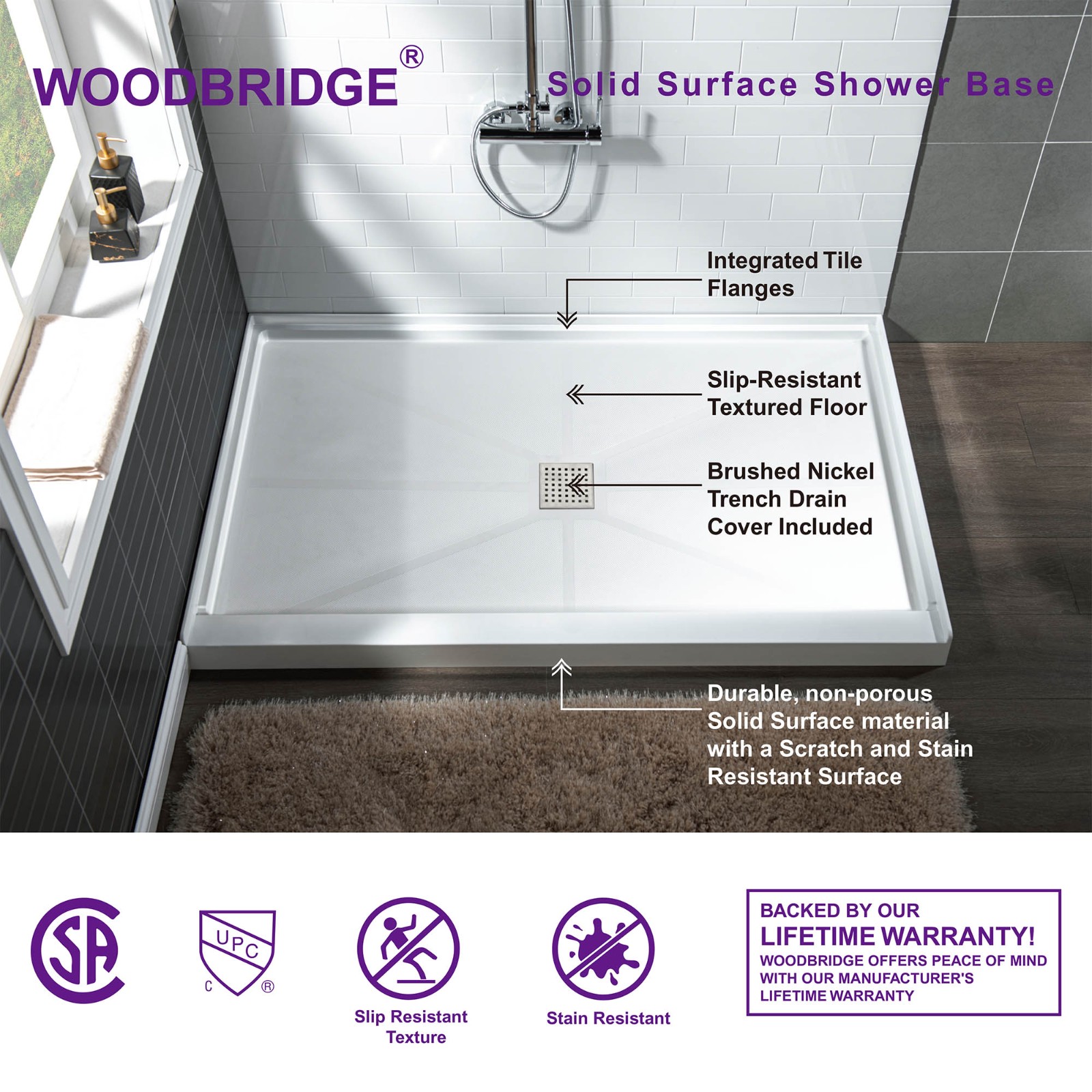 ᐅ【WOODBRIDGE SBR4836-1000C Solid Surface Shower Base with Recessed Trench Side Including ...