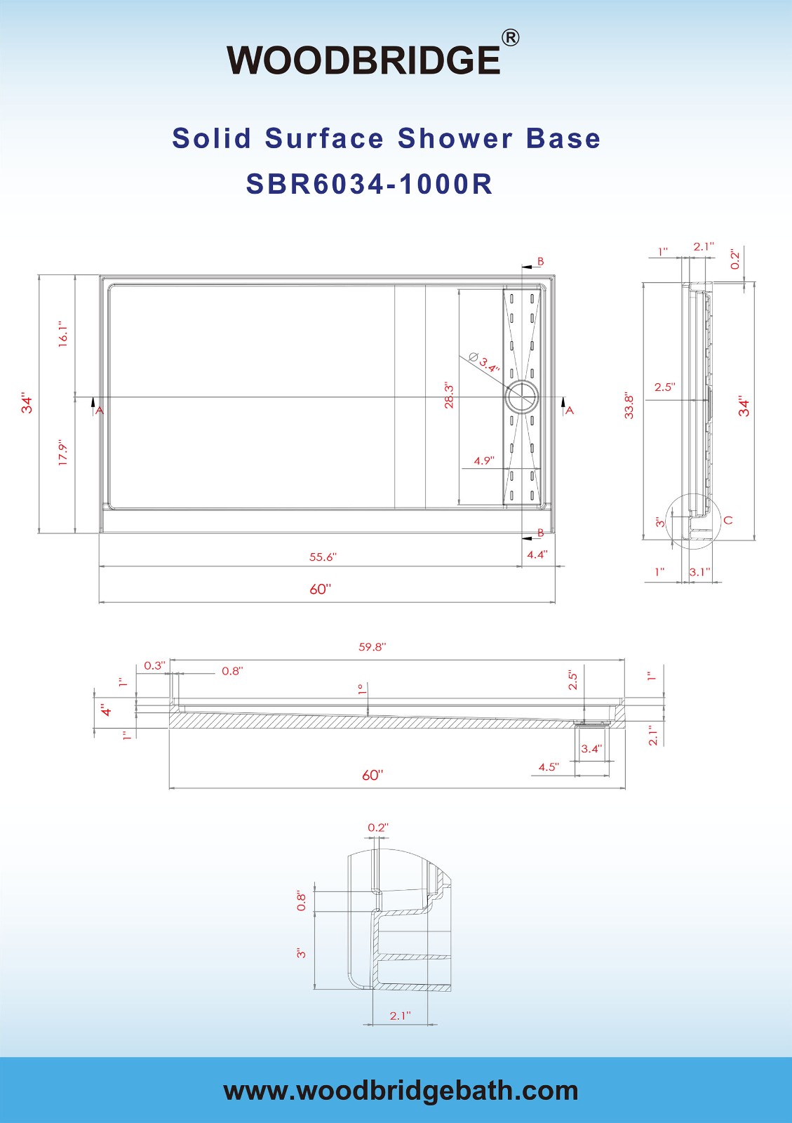 ᐅ【WOODBRIDGE SBR6034-1000R Solid Surface Shower Base with Recessed ...